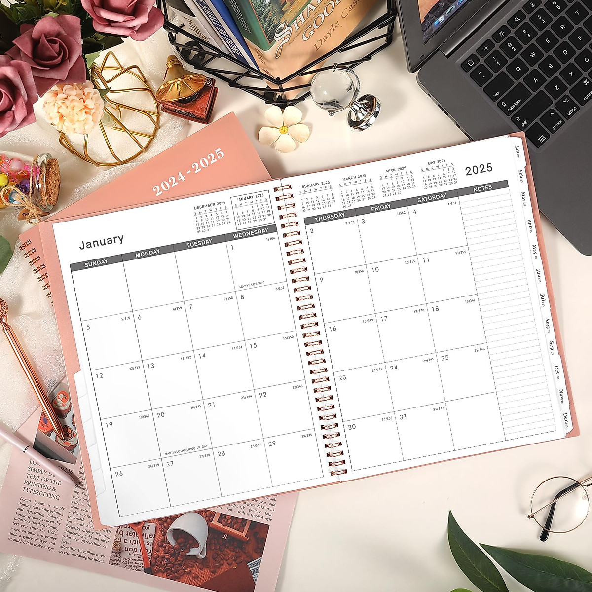 2024-2025 Monthly Planner - Monthly Planner 2024-2025, Jul. 2024 - Dec. 2025, 9" x 11", 18-Month Planner, Tabs & Pocket, Twin-Wire Binding - Rosy Pink