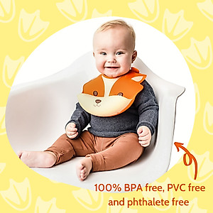 Silly Goose Set of 2 Silicone Animal Baby Bibs for Babies and Toddlers, Waterproof, Adjustable, Soft, Extra Wide Food Catcher Pocket (2PK Fox+Bear)