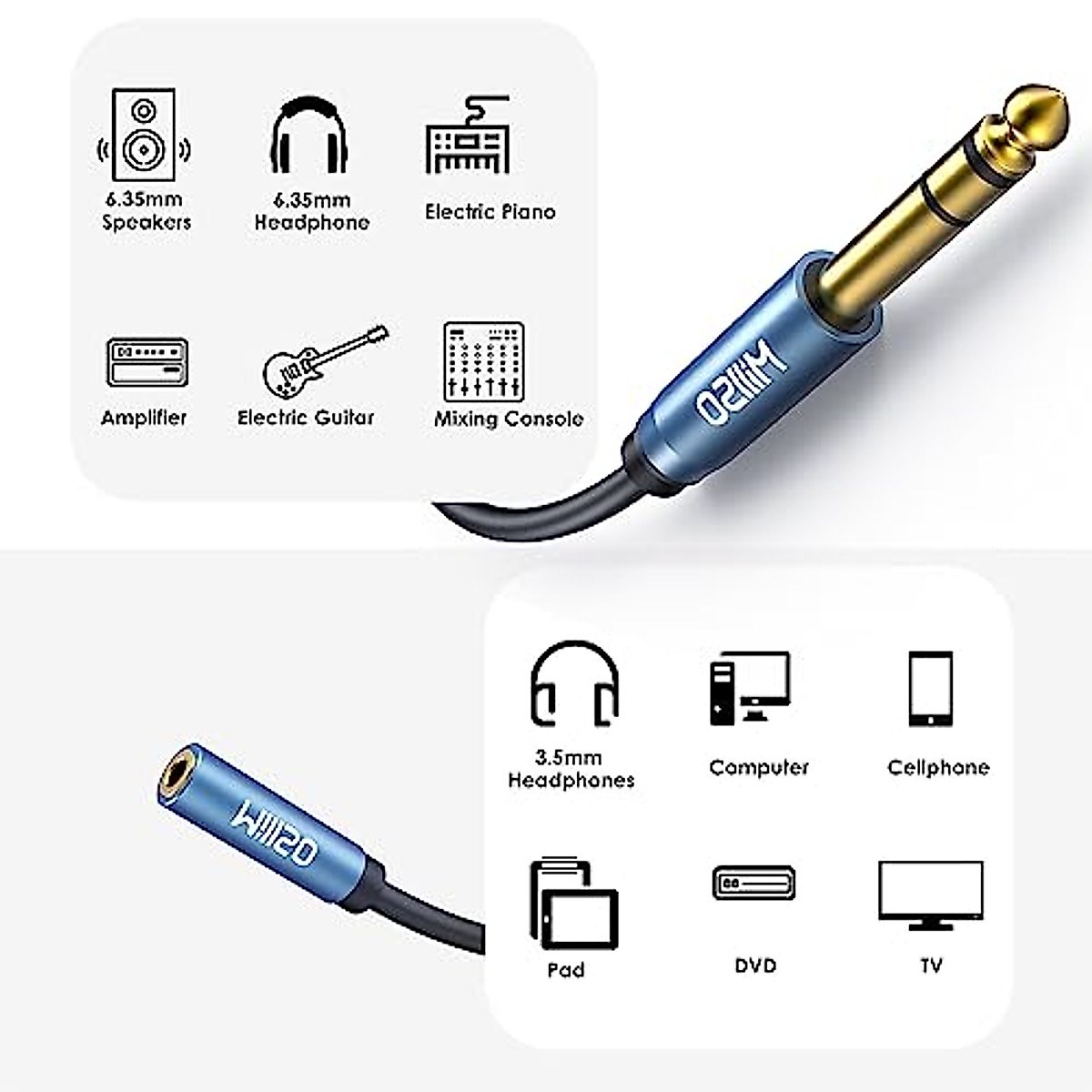 MillSO 1/4 to 3.5mm Headphone Adapter TRS 6.35mm 1/4 Male to 3.5mm 1/8 Female Stereo Jack Audio Adapter for Amplifiers, Guitar, Keyboard Piano, Home Theater, Mixing Console, Headphones - 12inch/30CM