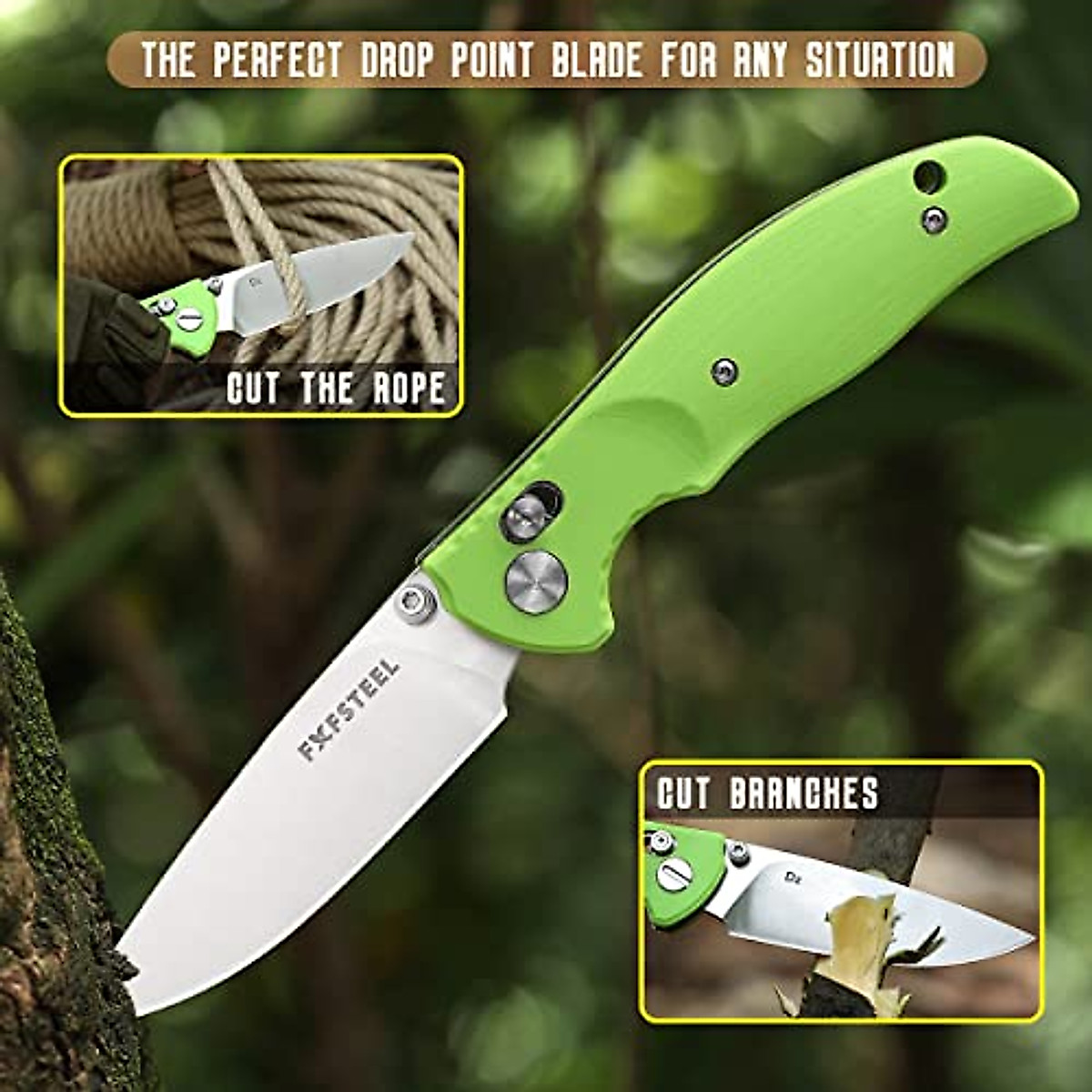 FXFSTEEL Folding Knife D2 Blade and G10 Handle, Small Pocket Knife with Axis Lock Ball Bearing Assisted Opening Multitool for Outdoor, Survival, Hunting and Camping EDC Knife with Clip