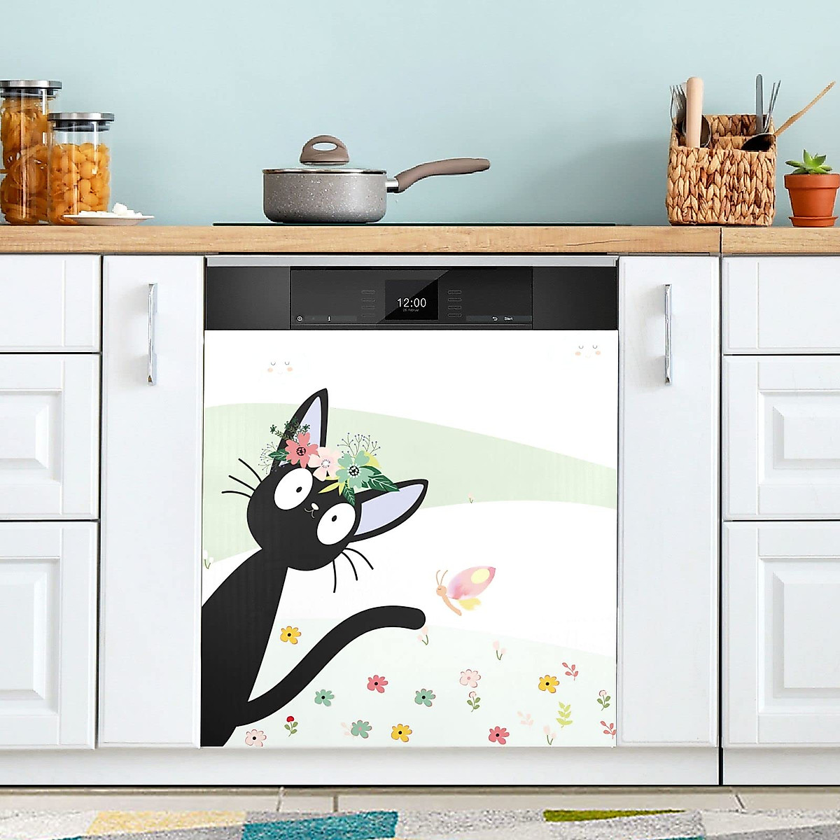 Black Cat Cute Dishwasher Magnet Cover Front Door Spring Flower Kitty Decorative Refrigerator Covers Magnetic Sheet Sticker Wash Machine Fridge Panel Decal for Kitchen Appliance 23x26 in