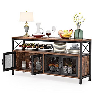 Tribesigns Buffets & Sideboards Buffet Table Bar Cabinet with 4 Mesh Doors, Farmhouse Buffet Cabinet Bar Sideboard with Storage Open Shelf, Wood Kitchen Buffet Storage Cabinet for Dining Room