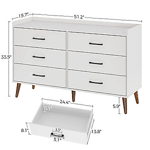 Rolanstar Drawer Dresser Quick Install, 6 Wooden Drawers Storage Dresser with Set of 4 Foldable Drawer Dividers, Modern Chest of Drawer with Anti-Tipping Device, Bedroom, Living Room, White
