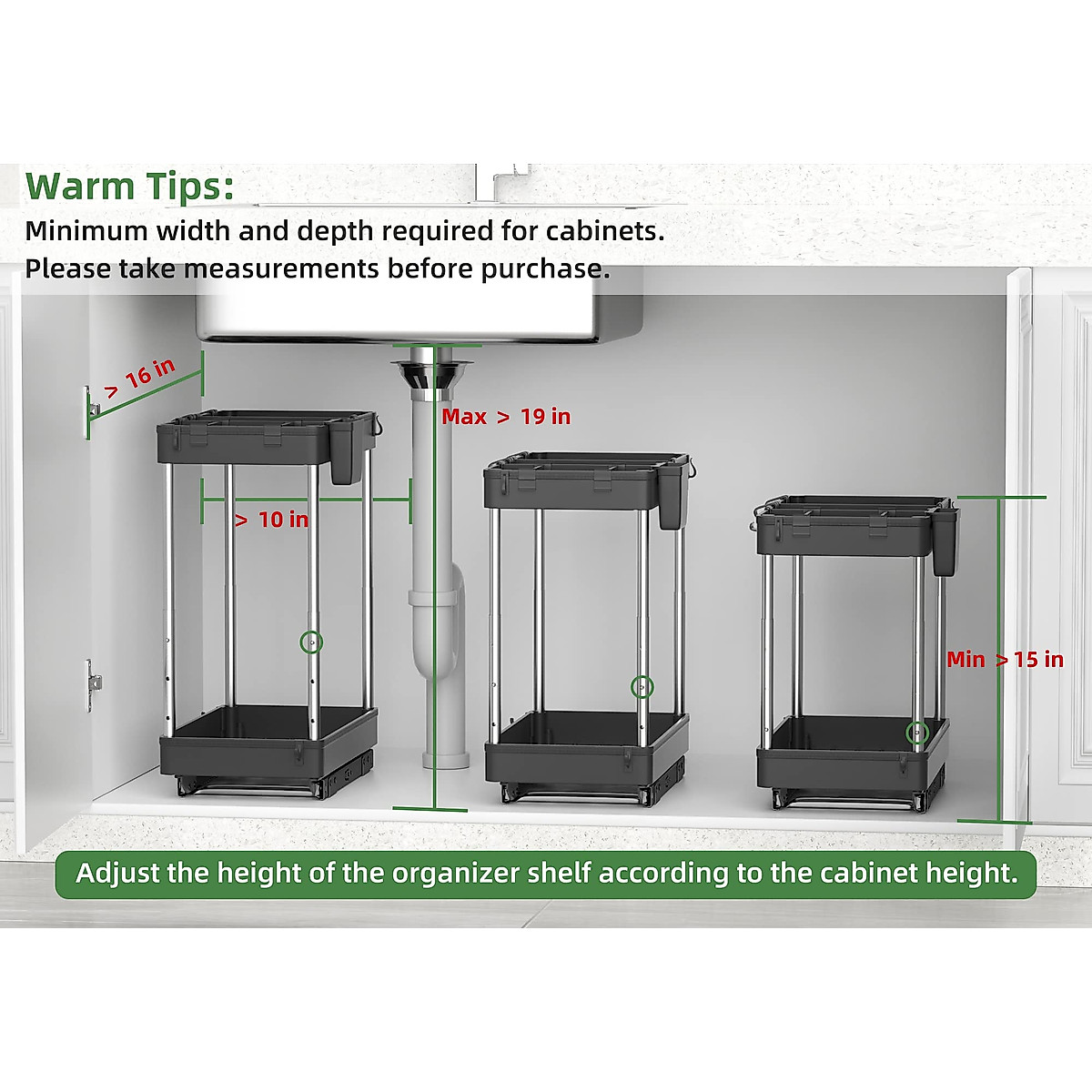 AOSITE 2 Pack Under Sink Storage and Organizers, Sliding Under Cabinet Organizer with Dividers Pull Out Kitchen Cabinet Basket Organizer Adjustable Bathroom Sink Storage Organizer with Hooks
