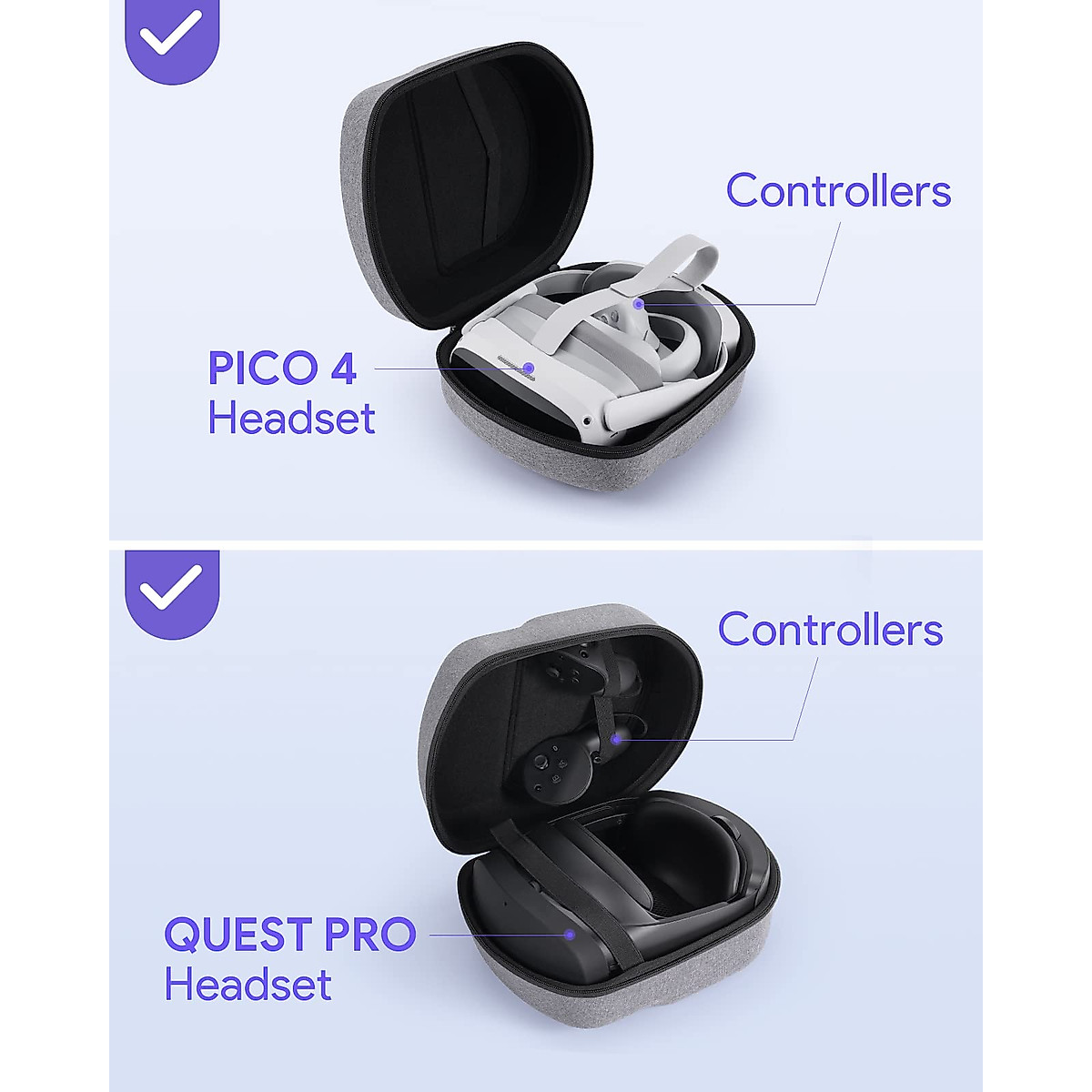 Yinke Case for Meta Quest 3/Oculus Quest 2/Pico 4, VR Headset Case Compatible with Elite Strap and More Accessories, Hard Carrying Travel Case All-in-One Storage (Grey)