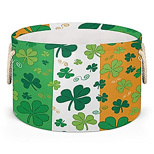 Shamrocks On Irish Flag Large Round Baskets for Storage Laundry Baskets with Handles Blanket Storage Basket for Bathroom Shelves Bins for Organizing Nursery Hamper Girl Boy