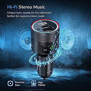 Syncwire Bluetooth 5.1 FM Transmitter for Car, 38W PD&QC3.0 Fast Charger Wireless Radio Adapter Bass Sound Music Player Car Kit with Hands-Free Calling Support USB Drive