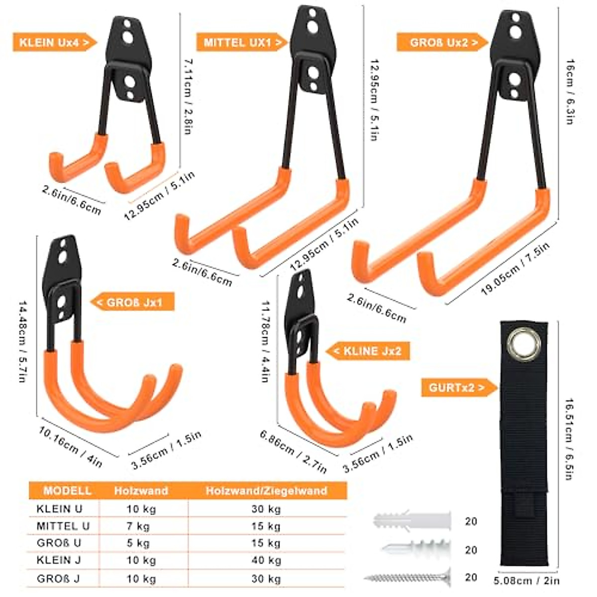 Kitmiido 12 Pack Garage Hooks,Heavy Duty Steel Wall Mounted Organiser,Anti-Slip Storage Hook for Organising Bike, Ladder, Garden Tools, Ropes, Cables（Orange）
