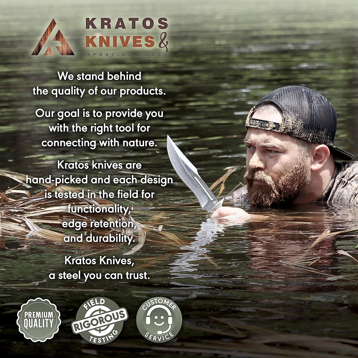 Fixed Blade Hunting Knife with Sheath, 12" Bushcraft Knife Full Tang, Stainless Steel EDC Fixed Blade Knife with Sheath, Rubber Handle by Kratos - ZF5