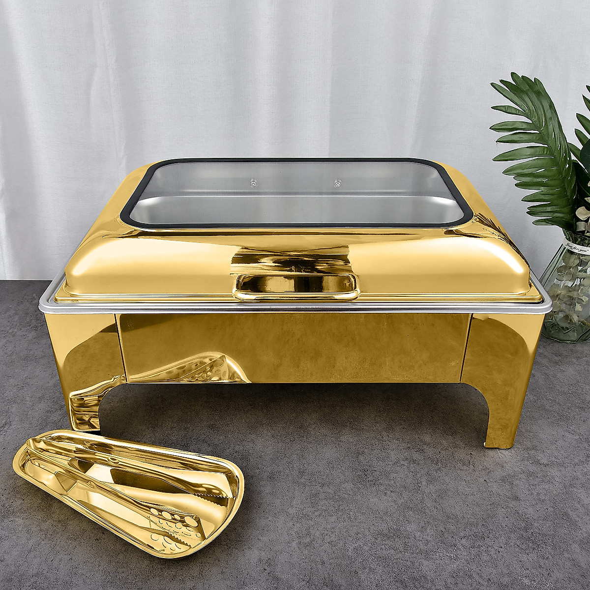 HONHPD Alcohol Chafing Dish, 9QT Rectangular Full Size Chafing Dish Buffet Set with Transparent Glass Lid Top, Soft-Close Lid, Chafer for Catering Buffet Servers and Warmers (Golden)