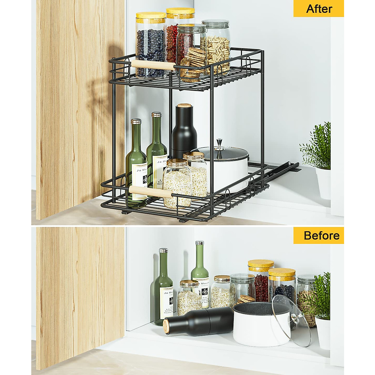 ESOW Pull Out Cabinet Organizer with 2 Tier, Heavy Duty Under Sink Slide Out Storage Shelf with Wooden Handle in Kitchen, Bathroom, Pantry, 12.79" W x16.5 D x16.14 H, SUS304 Matte Black