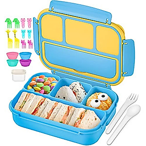 QQKO Bento Lunch Box for Kids Girls Boys, Toddler Kids Lunch Boxes for School, Lunch Containers for Adults Kids with 4 Compartments, Sauce Container, Utensils, Food Picks and Muffin Cups, Blue