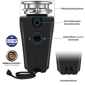 Eco Logic 10-US-EL-5-3B 1/2 Horsepower Garbage Disposal with Removeable Splash Guard, Attached Power Cord and Standard 3-Bolt Mounting System, Continuous Feed, Black