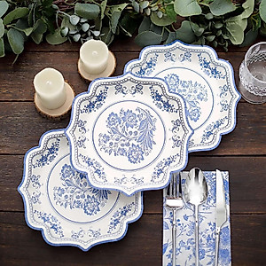 Tableclothsfactory 25 Pack | 8" White/Blue Chinoiserie Floral Print Paper Dessert Plates with Scalloped Rims, Disposable Salad Appetizer Plates - 300 GSM