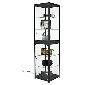 Displays2go Tower Showcase with LED Lighting, Aluminum, Tempered Glass, 5 Shelves – Black Finish (2TCASEBLKS)