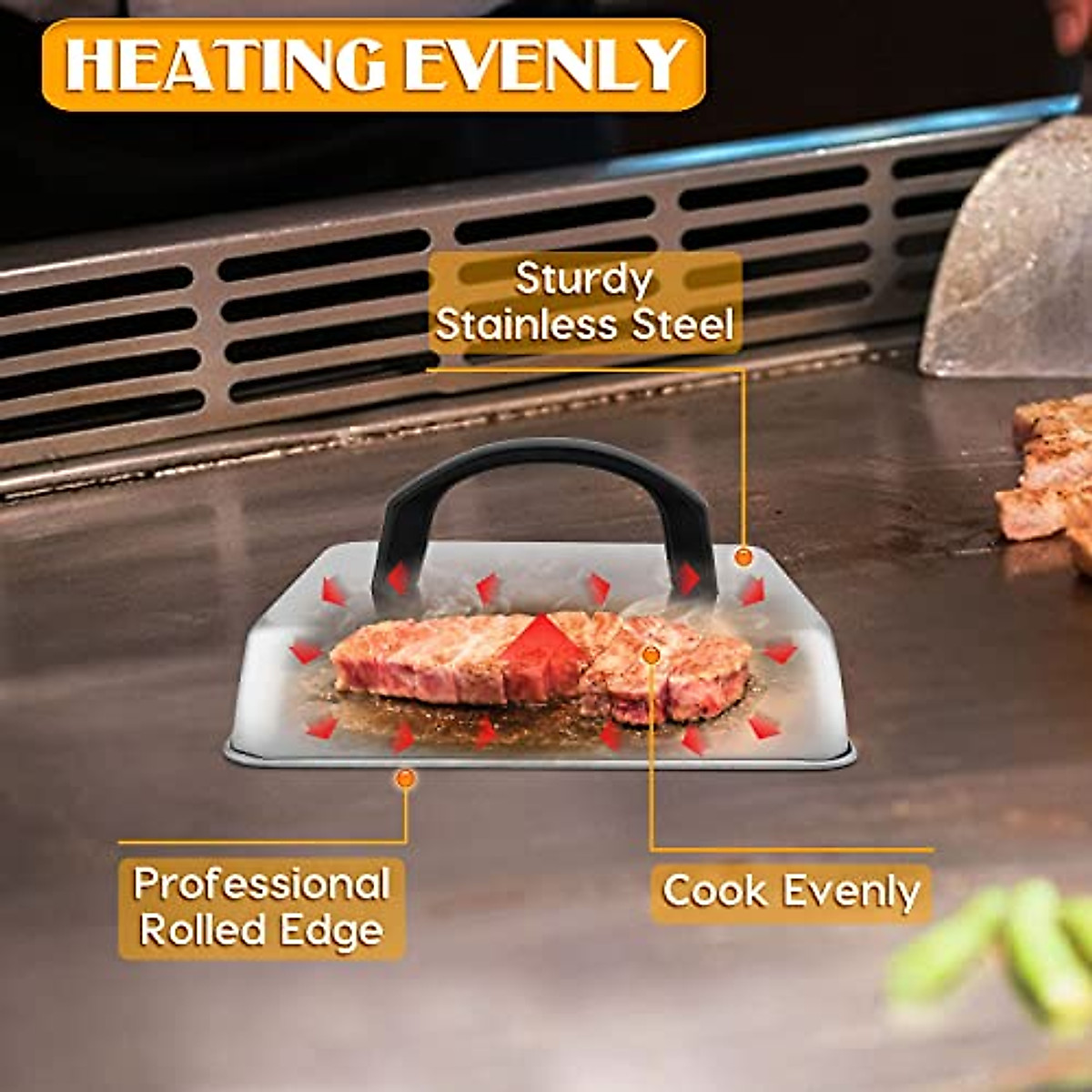 Leonyo Square 6.2 Inch Melting Dome Set of 2 & 5.5 Inch Burger Press, Heavy Duty Griddle Grill Steam Dome Lid (2 Pack), Stainless Steel Smash Bacon Grill Press for Burger Patty Cast Iron Flat Top BBQ