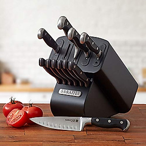 Sabatier Self-Sharpening 12-piece Forged Triple Rivet Knife Block Set with Edgekeeper Technology, High-Carbon Stainless Steel Kitchen Knives, Razor-Sharp Knife Set with Wood Block, Black