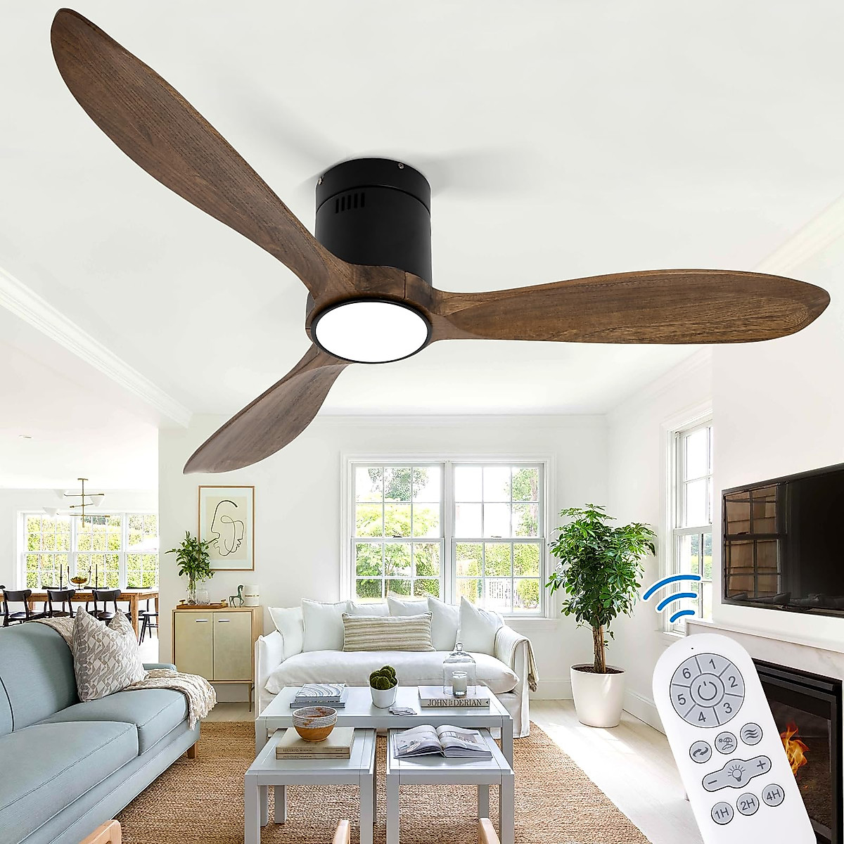 VACILL Flush Mount Ceiling Fan with Light,Low Profile Ceiling Fan,Wooden Fan Blades,6 Speed,LED Dimmable,DC Motor,52 inch,Amber Wood Blade