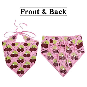 GERINLY Women Crochet Hair Bandana 2 Pcs Boho Triangle Head Scarf Kerchief Elegant Lace and Cute Cherry Accessory