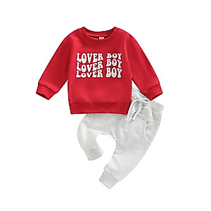 Chzstarly Toddler Baby Boy Valentine's Day Outfits Lover Boy Sweatshirt Long Sleeve Tops Infant Casual Fall Clothes (A-Red, 12-18 Months)