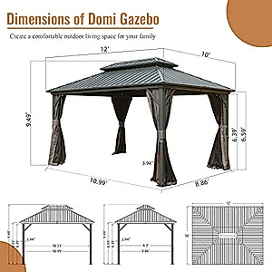 Domi 10' X 12' Hardtop Gazebo, Aluminum Metal Gazebo with Galvanized Steel Double Roof Canopy, Curtain and Netting, Permanent Gazebo Pavilion for Patio, Backyard, Deck, Lawn