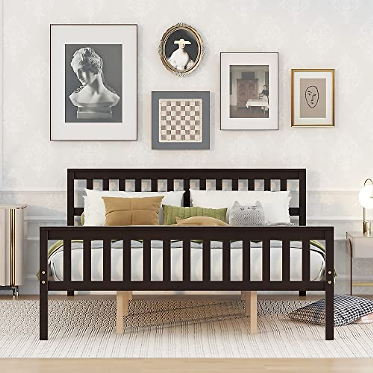 Prohon Queen Size Bed Frame with Vertical Openwork Design Headboard & Footboard, Wooden Platform Bed with Large Underbed Storage Space, Simple Style Bedframe, No Box Spring Needed, Espresso