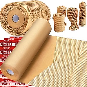 Honeycomb Packing Paper, MINHAO 15"x400' Eco Friendly Packing Paper for Moving Recyclable Honeycomb Paper Moving Supplies Bubble Paper Wrapping Protective Roll, With 36 Fragile Sticker Labels