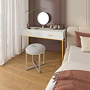 Vanity Stool Vanity Bench Round - Make Up Chair Grey Silver Vanity Stool for Makeup Room White Chair Makeup Stool Chair for Vanity White Metal Vanity Chair Bench Seat NO pre-drilled Holes