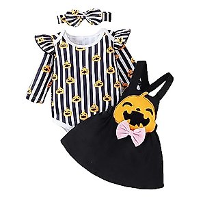 FUSOYUN Toddler Girl Long Sleeve Striped Pumpkin Pattern Dress With Headbands Suit For 0 To 18 Toddler (Black, 12-18 Months)