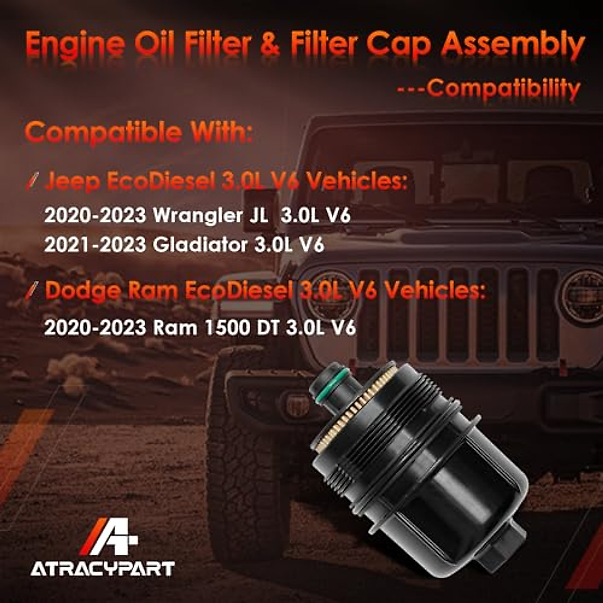Engine Oil Filter, Compatible With 2020-2023 Jeep Wrangler JL, 2021-2023 Jeep Gladiator, 2020-2023 Ram 1500 DT 3.0L V6 EcoDiesel, Replaces# 68507598AA, 68498720AA