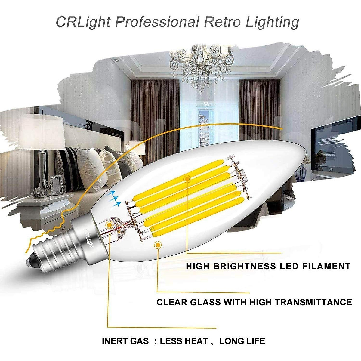 CRLight 6W LED Candelabra Bulb 4000K Daylight White, 70W Equivalent 700LM Dimmable, E12 Vintage Edison Clear Glass B10 Candle Torpedo Shape Bullet Top LED Chandelier Light Bulbs, Pack of 6