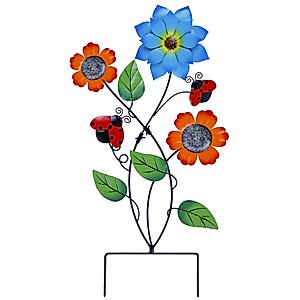 Juegoal 28 Inch Flowers Garden Stake Decor, Metal Art Colorful Look & Personalities Sunflowers and Ladybugs Decoration, Yard Outdoor Lawn Pathway Patio Ornaments