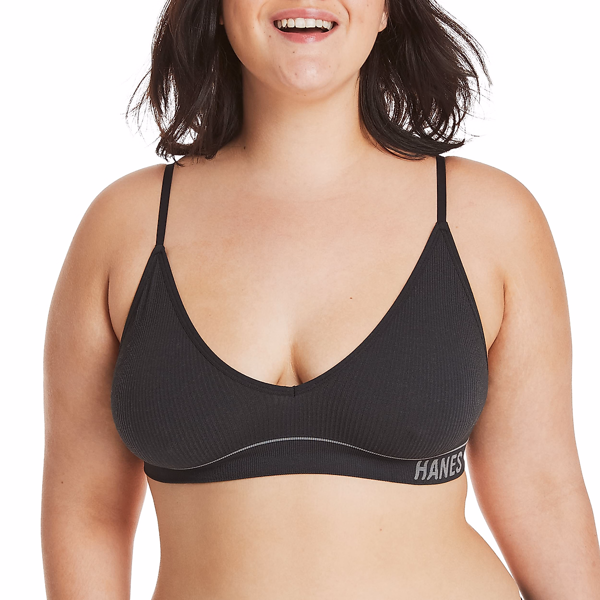 Hanes Women's Originals Seamless Triangle Bralette, Soft Ribbed Bra, ComfortFlex Fit, Black, Large
