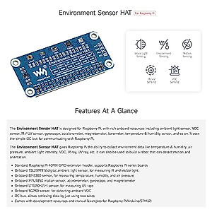 Waveshare Environment Sensor HAT, Compatible with Raspberry Pi 5/4B/3B/Zero/Zero W/Zero 2W/Pico/Pico W/Pico WH, I2C Bus with Rich Onboard Resources Including Ambient Light Sensor VOC Sensor