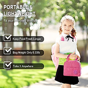 HUBAKO Small Portable Cute Lunch Bag for Kids, Mini Insulated Children Lunch Box Reusable Student Lunch Tote Bag with Front Pocket for Boys Girls, Durable LunchBag for School Picnic Office Work,Pink