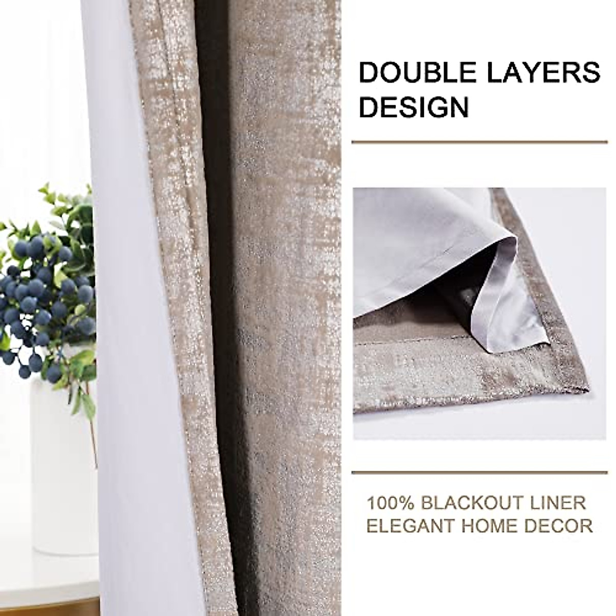 OVZME Taupe Velvet Blackout Curtains for Bedroom with 100% Blackout Liner, Double Layers Full Room Darkening Thermal Insulated Curtains, Soft Luxury Metallic Silver, Top Grommets&Box Pleat, 2x42x84