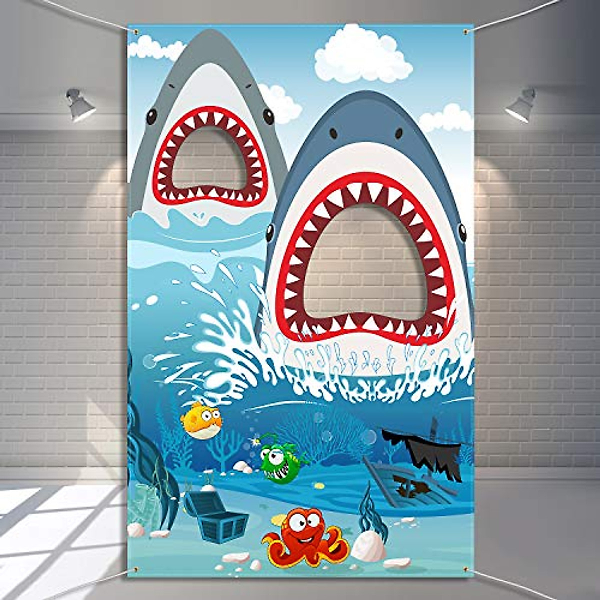 Shark Zone Backdrop Supplies Shark Photography Background Banner for Boy Girl Birthday Sea Shark Theme Party Baby Shower Decorations 70.8 x 35.5 Inch