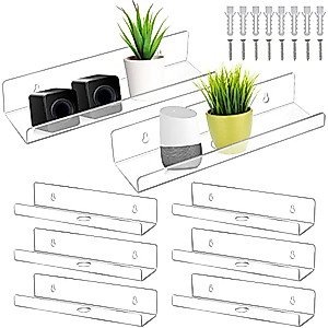 Tuanse 8 Pack Acrylic Floating Shelves 12 Inch Floating Wall Mounted Shelves Clear Invisible Wall Ledge Shelf Acrylic Bookshelf Display Shelves for Room Home Bathroom