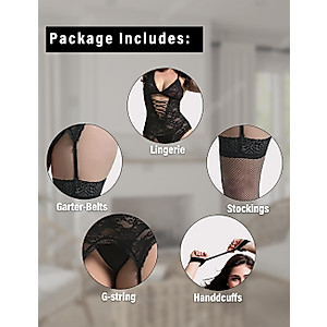 Anyou Plus size Lingerie for Women Stretchy Black Lace Teddy with Stockings Size XXL