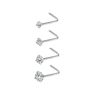 FANSING 4pcs 22g Nose Rings Studs 1.5mm 2mm 2.5mm 3mm CZ Diamond Nose Studs Cubic Zirconia Nose Stud Silver L Shaped Nose Studs for Women Nostril Piercing Jewelry 22 Gauge
