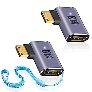 Duttek 90 Degree HDMI to Mini HDMI Adapter, 8k UHD Mini HDMI to HDMI Connector, Left Angled Mini HDMI Male to HDMI Female Adapter Support 8K@60Hz, 4K@144Hz for Camera, Camcorder (2 Pack)