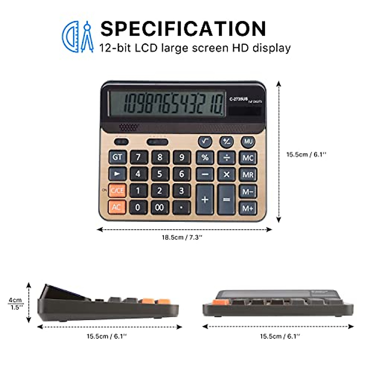 Calculators, Solar Battery Calculator Dual Power Large Standard Function Desktop Business Calculator with 12 Digit Large LCD Display Convenient for Office Home Student Finance Accounting- Gold