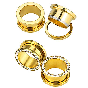 Awinrel 8 Pieces Black Gold Plated Stainless Steel Gem Rhinestones Screw Fit Ear Plug Gauges Flesh Tunnels Eyelet Stretcher Body Piercing Jewelry 10mm