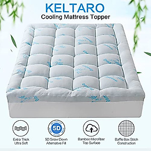 KELTARO Extra Thick Bamboo Mattress Topper Queen Size Bed,Cooling Mattress Pad Cover Plush Soft Noiseless Down Alternative Fill,with 8-21" Deep Pocket