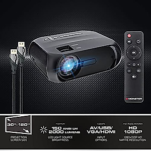 Monster Image Pro Extra-Bright LCD Projector, 2000 Lumens, Projects Up to 16ft, Max Resolution: 1080 HD, Universal Image/Audio/Video Support, AV/USB/HDMI/SD Input