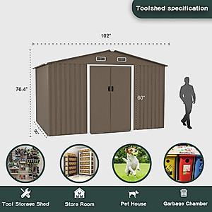 Kullavik 10FT x 8FT Outdoor Storage Shed,Waterproof Metal Tool Shed with Lockable Sliding Door and Air Vents,Metal Storage Shed for Garden,Backyard,Patio,Lawn