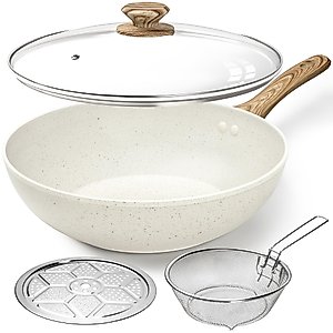 MICHELANGELO 12 Inch Wok Pan with Lid - Woks & Stir-Fry Pans Nonstick Wok with Lid, Stir Fry Pan with Cool-Touch Handle, Induction Wok Set with Stainless Steamer & Fryer Basket