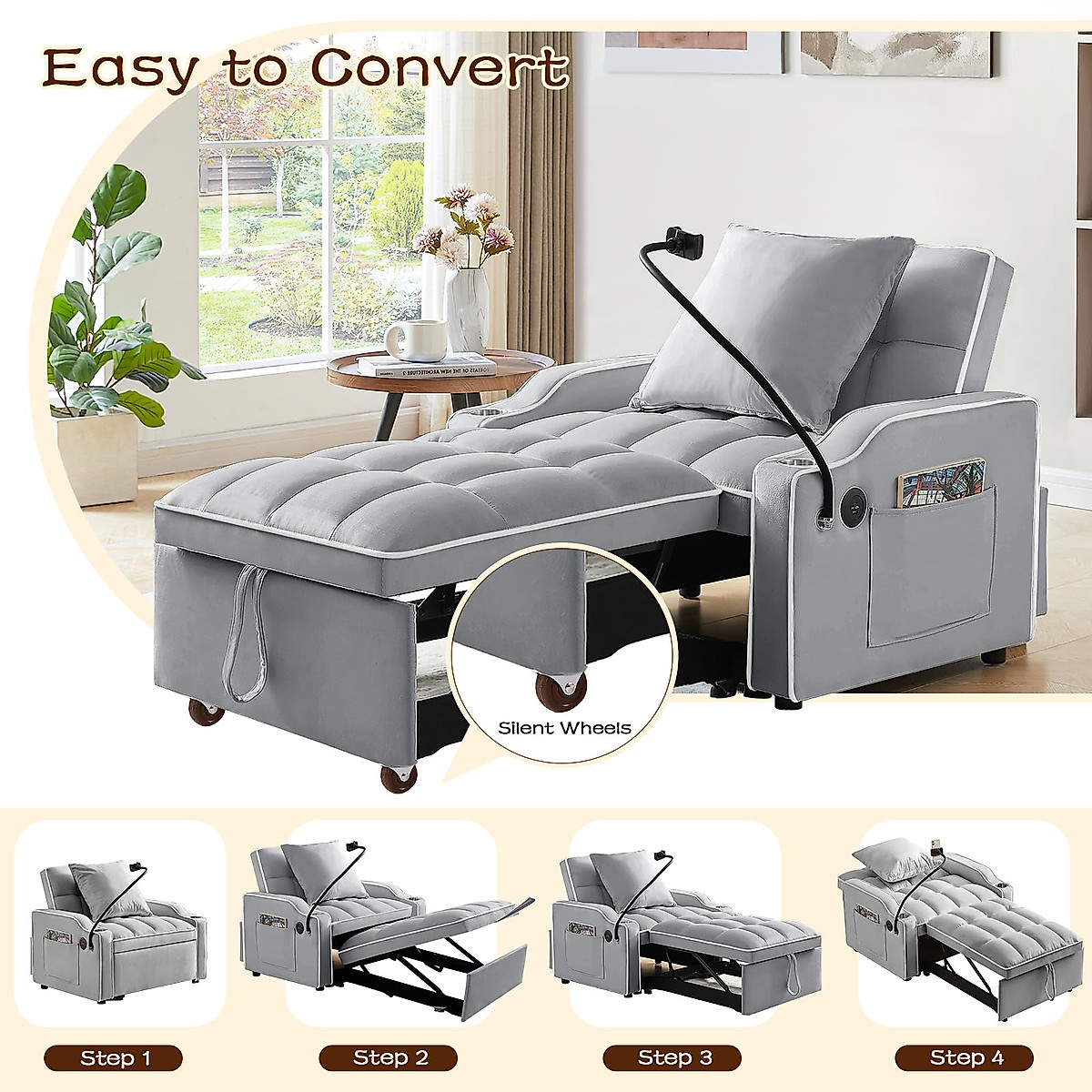 KINFFICT Sleeper Sofa Chair Bed, Convertible 3-in-1 Sofa Armchair, Adjustable Sleeper Chair with Pullout Bed, Single Lounger Futon Chair Bed with Side Pockets for Living Room (Grey)