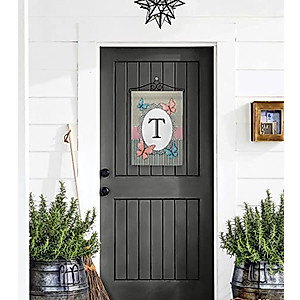 Breeze Decor T Initial Garden Flag Set Wall Hanger Monogram Friends Bugs & Frogs Butterfly Ladybugs Dragonfly Bee Springtime Insect Natural Wildlife House Yard Gift Double-Sided, Made in USA