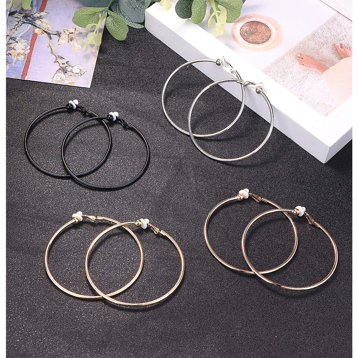 JOERICA Clip On Hoop Earrings for Women Silver Tone Gold Tone Rose Gold Tone Black Unpierced Hoop Earrings Non-pierced